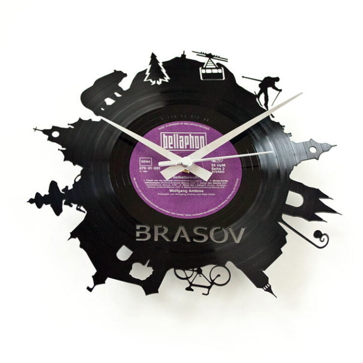 Ceas de perete BRAȘOV, simboluri, disc vinil decupat, 30 cm