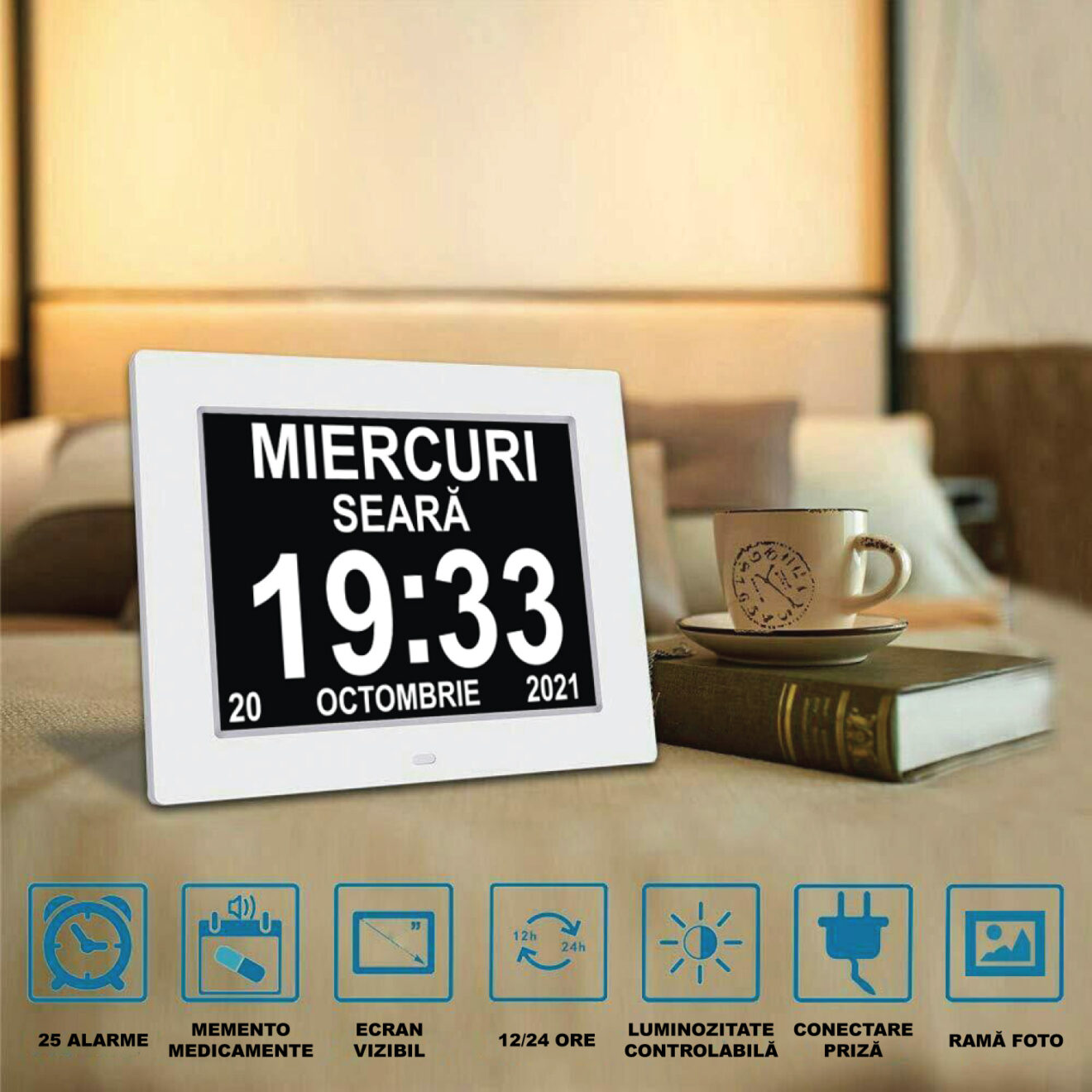 Ceas calendar digital limba română cu alarme pt vârstnici